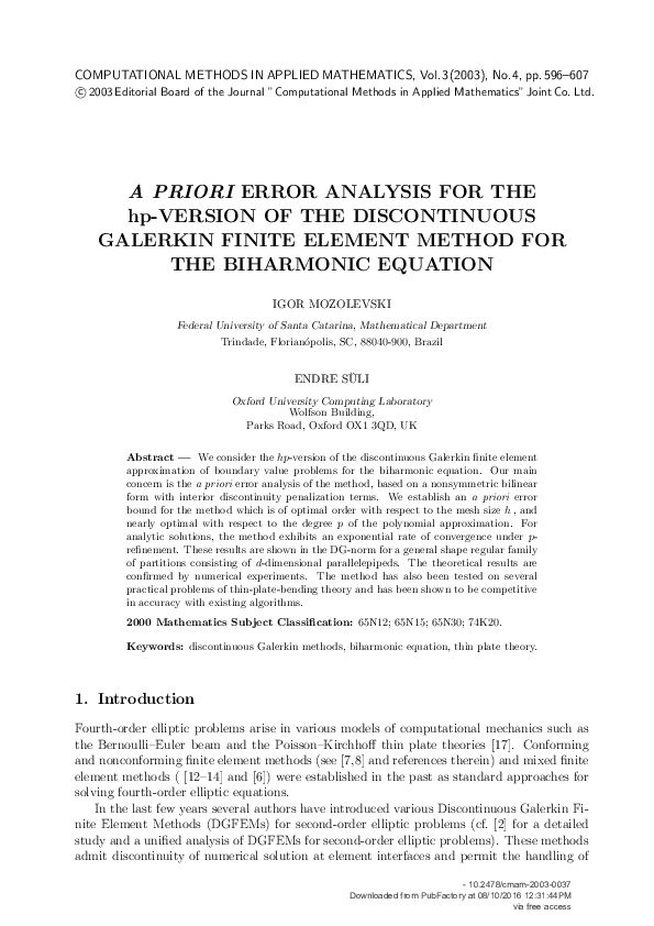 Pdf A Priori Error Analysis For The Hp Version Of The Discontinuous Galerkin Finite Element