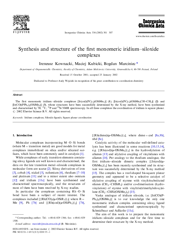 (PDF) Synthesis and structure of the first monomeric iridium–siloxide ...