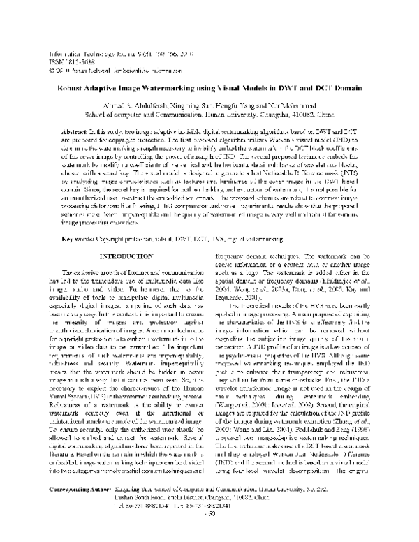 Pdf Robust Adaptive Image Watermarking Using Visual Models In Dwt And