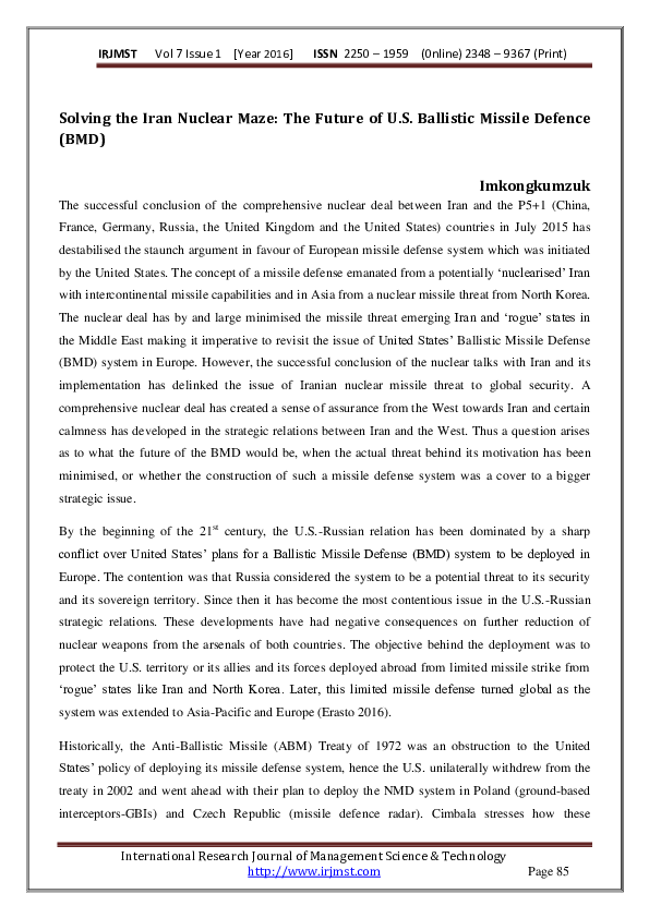 (PDF) Solving the Iran Nuclear Maze: The Future of U.S. Ballistic ...