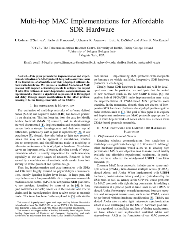 (PDF) Multi-hop MAC implementations for affordable SDR hardware