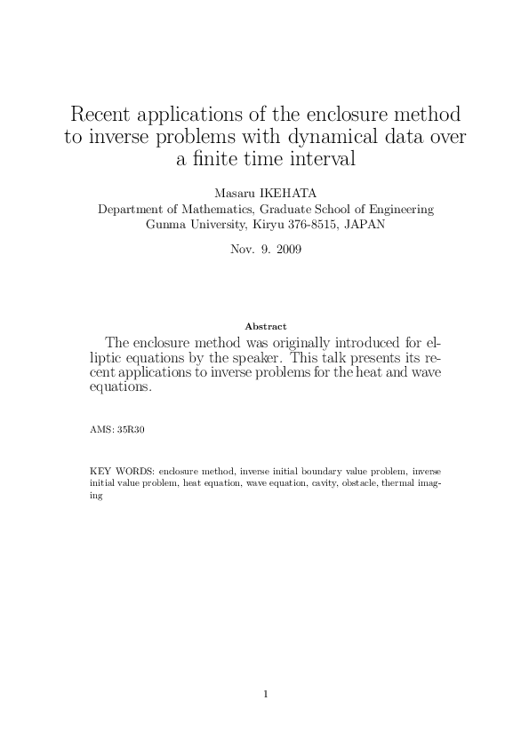 (PDF) Talk slide ``Recent applications of the enclosure method to inverse problems with ...