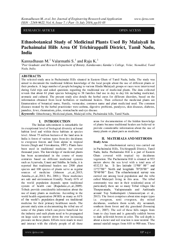 (PDF) Ethnobotanical Study of Medicinal Plants Used By Malaiyali In Pachaimalai Hills Area Of ...