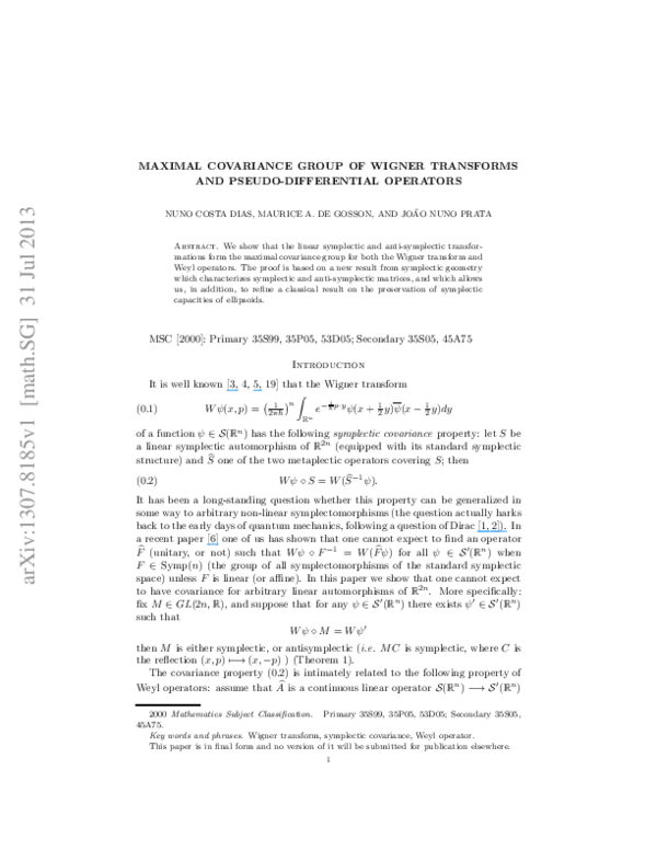 Pdf Maximal Covariance Group Of Wigner Transforms And Pseudo Differential Operators