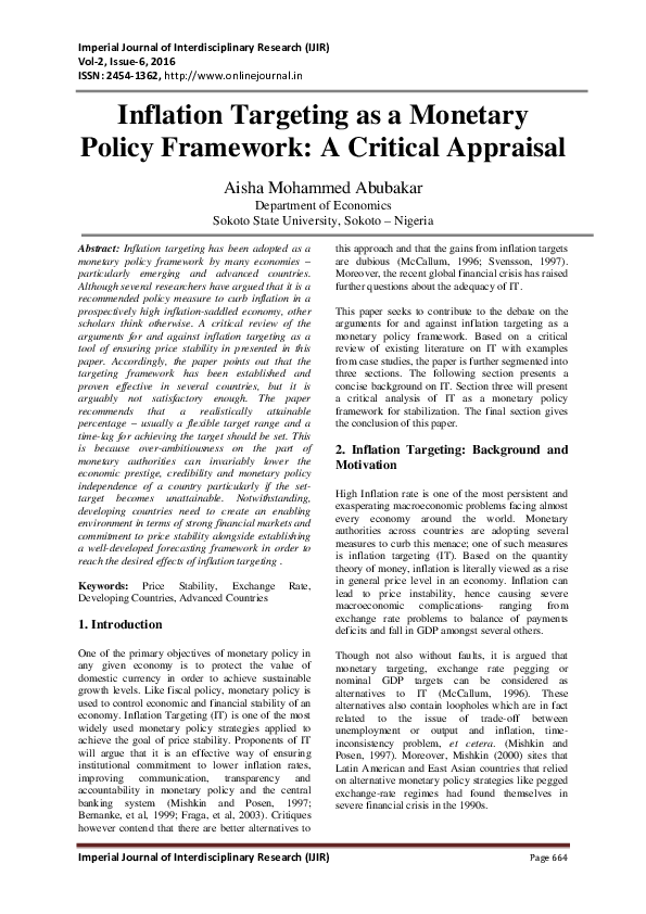 (PDF) Inflation Targeting as a Monetary Policy Framework: A Critical ...