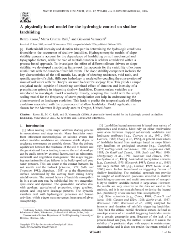 (PDF) A physically based model for the hydrologic control on shallow landsliding