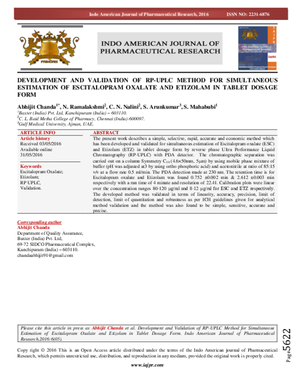 Pdf Development And Validation Of Rp Uplc Method For Simultaneous