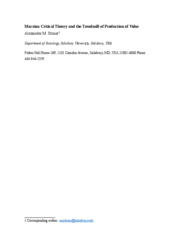 (DOC) Marxian Critical Theory and the Treadmill of Production of Value