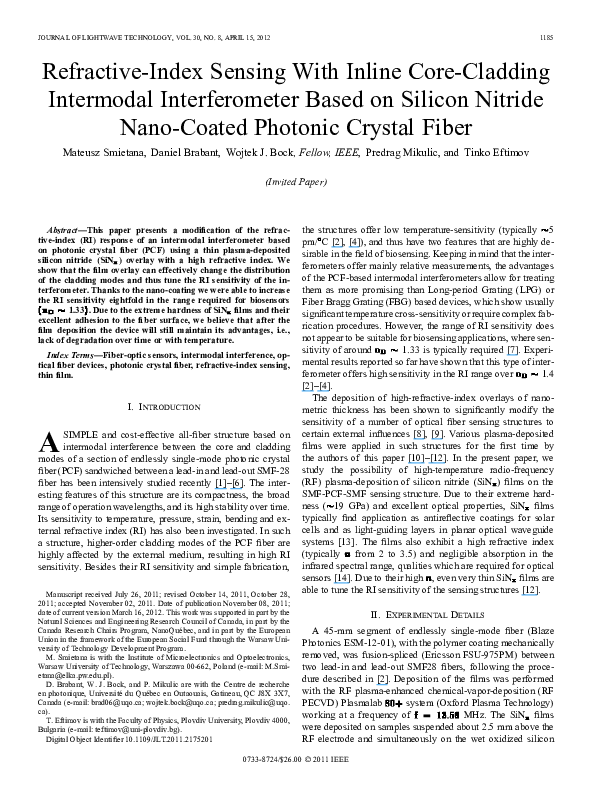 Pdf Refractive Index Sensing With Inline Core Cladding Intermodal Interferometer Based On