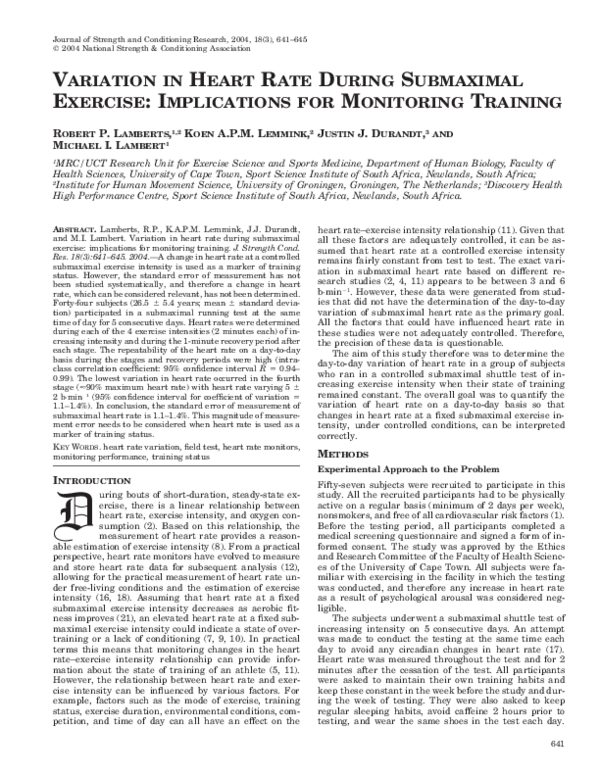 (PDF) Variation in Heart Rate During Submaximal Exercise: Implications ...