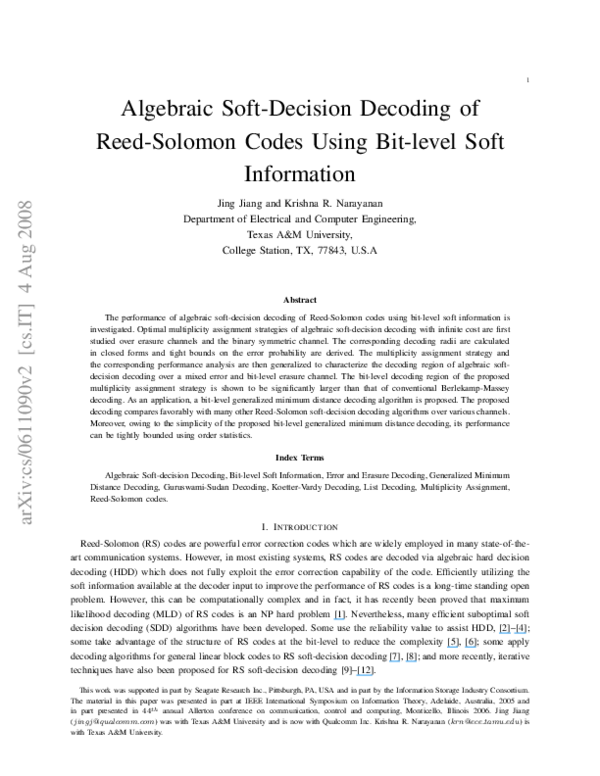 Pdf Algebraic Soft Decision Decoding Of Reed Solomon Codes Using Bit Level Soft Information