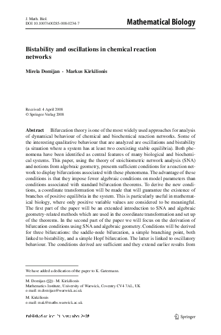 (PDF) Bistability and oscillations in chemical reaction networks
