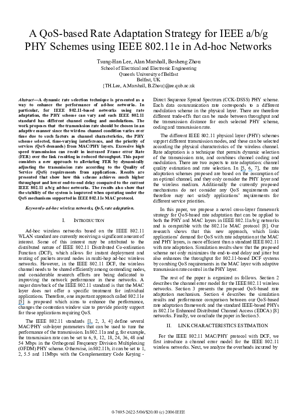Pdf A Qos Based Rate Adaptation Strategy For Ieee A B Gphy Schemes