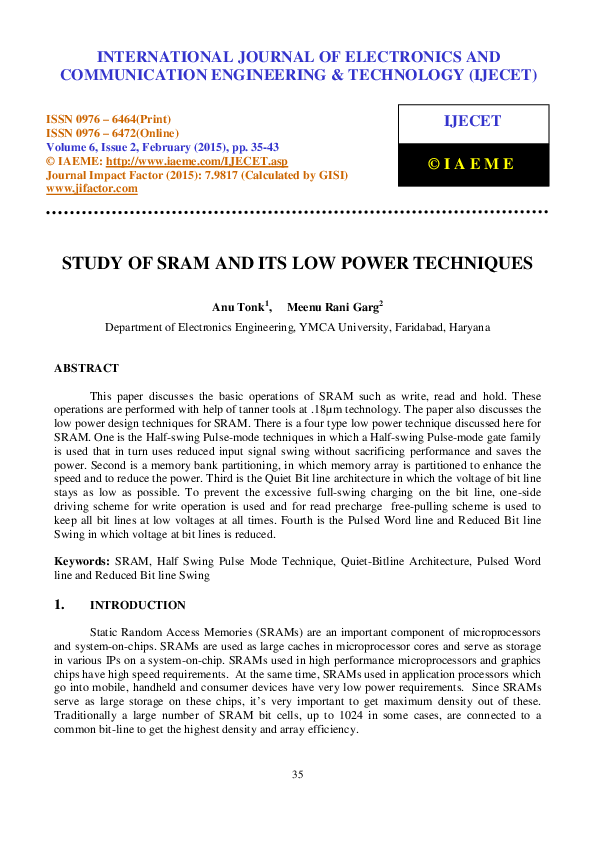(PDF) STUDY OF SRAM AND ITS LOW POWER TECHNIQUES