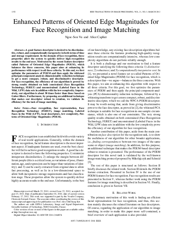 Pdf Enhanced Patterns Of Oriented Edge Magnitudes For Face Recognition And Image Matching