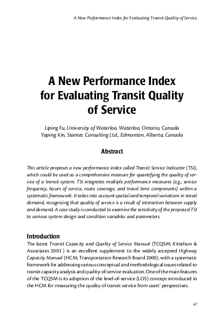 (PDF) A new performance index for evaluating transit quality of service