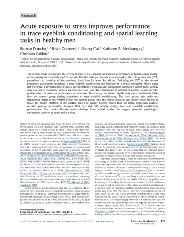 (PDF) Acute exposure to stress improves performance in trace eyeblink ...