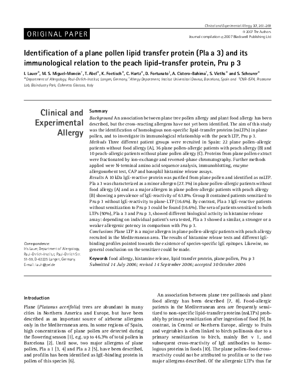 (PDF) Identification of a plane pollen lipid transfer protein (Pla a 3 ...