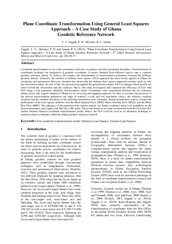 (PDF) Plane Coordinate Transformation Using General Least Squares Approach – A Case Study of ...
