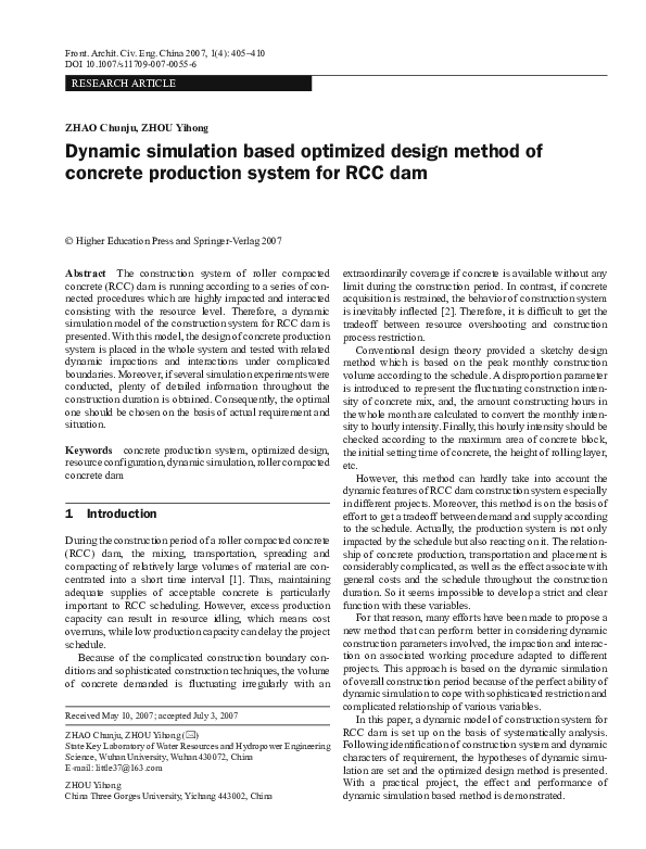 Pdf Dynamic Simulation Based Optimized Design Method Of Concrete Production System For Rcc Dam