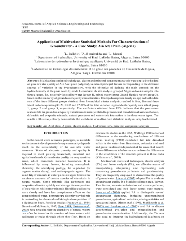 Pdf Application Of Multivariate Statistical Methods For Groundwater Physicochemical And
