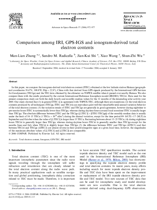 (PDF) Comparison among IRI, GPS-IGS and ionogram-derived total electron contents