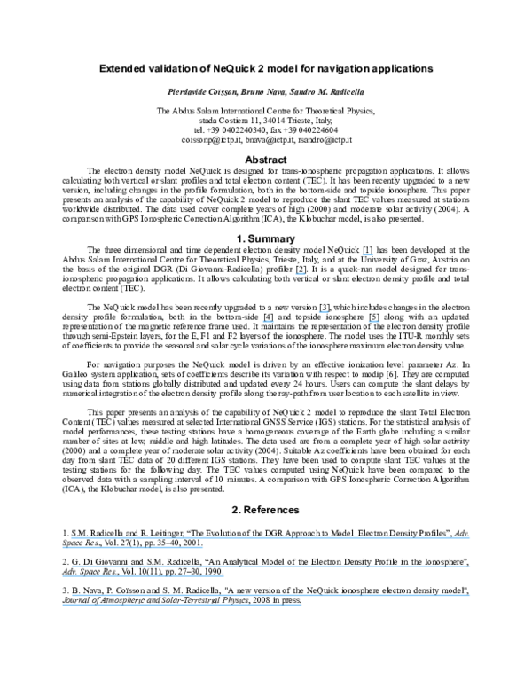 (PDF) Extended validation of NeQuick 2 model for navigation applications