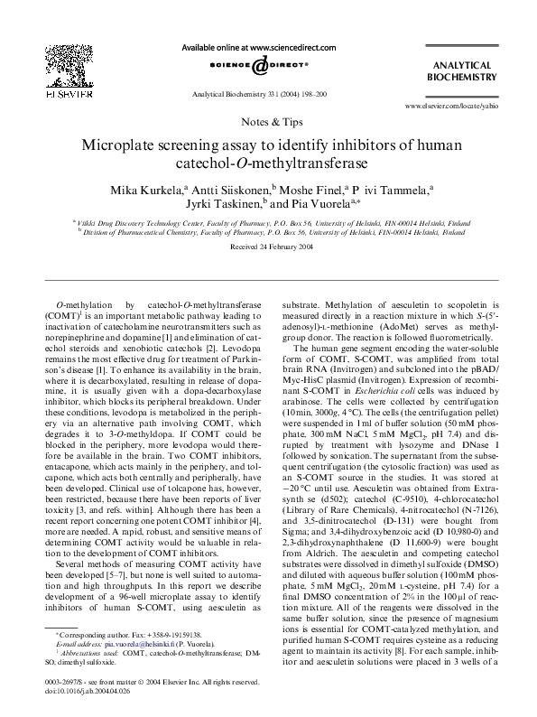 (PDF) Microplate screening assay to identify inhibitors of human catechol- O-methyltransferase