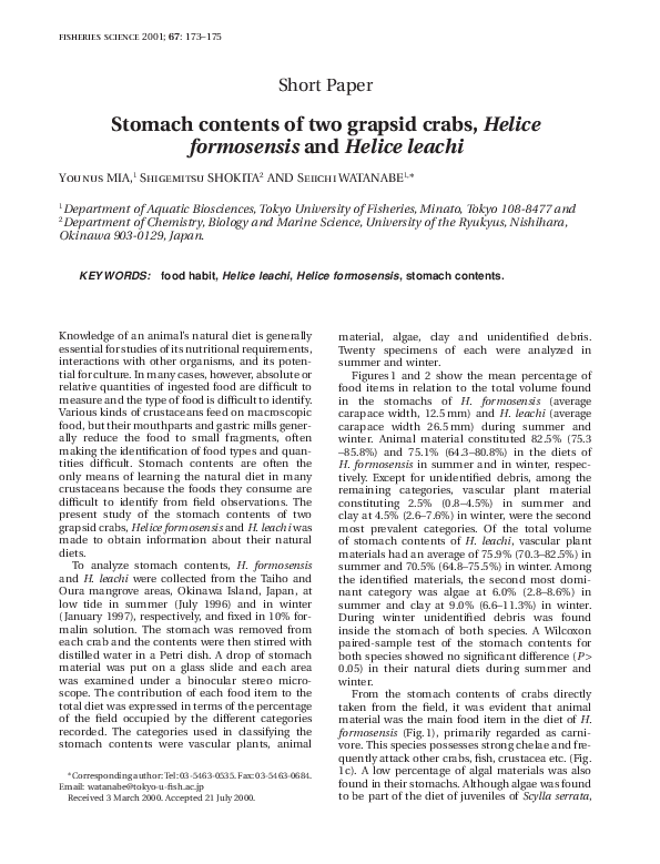(PDF) Stomach contents of two grapsid crabs, Helice formosensis and ...