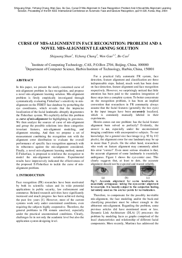 Pdf Curse Of Misalignment In Face Recognition Problem And A Novel Misalignment Learning