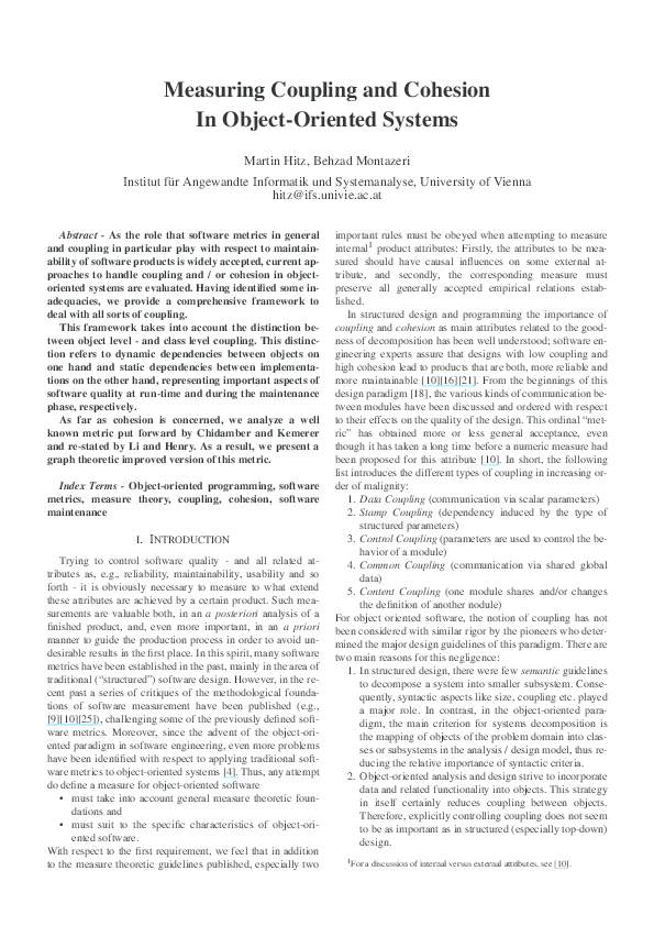 Pdf Measuring Coupling And Cohesion In Object Oriented Systems