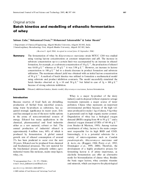 (PDF) Batch kinetics and modelling of ethanolic fermentation of whey