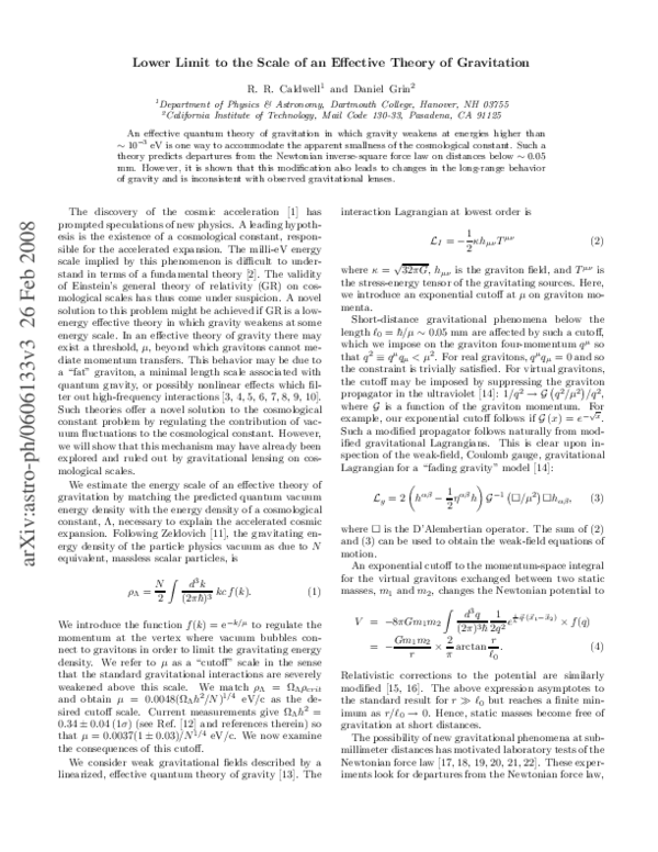 (PDF) Lower Limit to the Scale of an Effective Theory of Gravitation