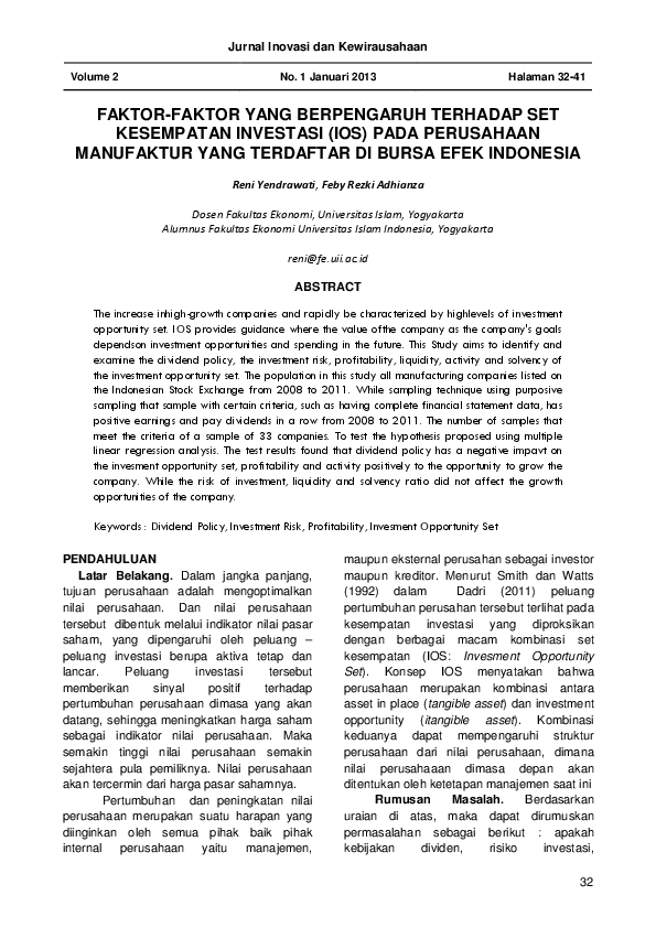 (PDF) FAKTOR-FAKTOR YANG BERPENGARUH TERHADAP SET KESEMPATAN INVESTASI (IOS) PADA PERUSAHAAN ...