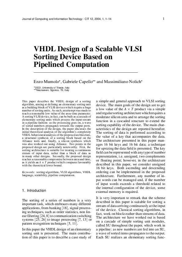 VHDL Design of a Scalable VLSI Sorting Device Based on Pipelined Computation