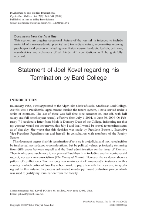 (PDF) Kovel's Termination: Politics vs. Academic Freedom