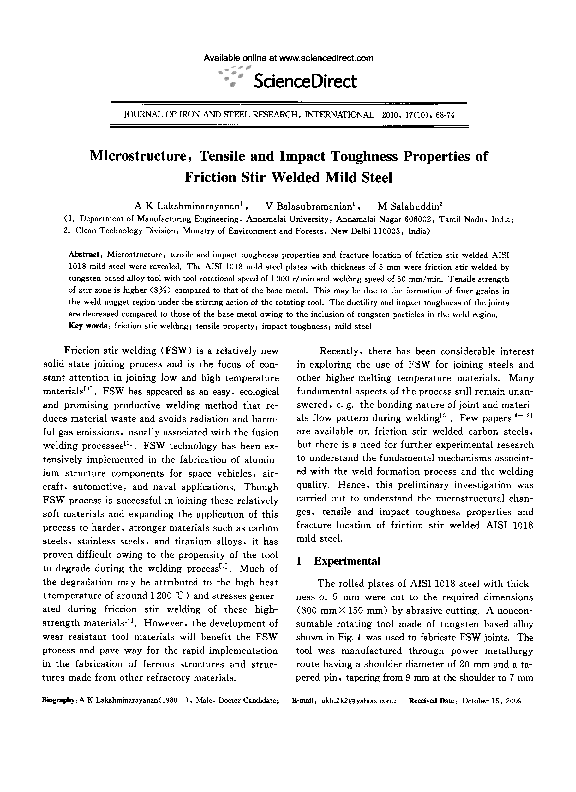 Pdf Microstructure Tensile And Impact Toughness Properties Of Friction Stir Welded Mild Steel