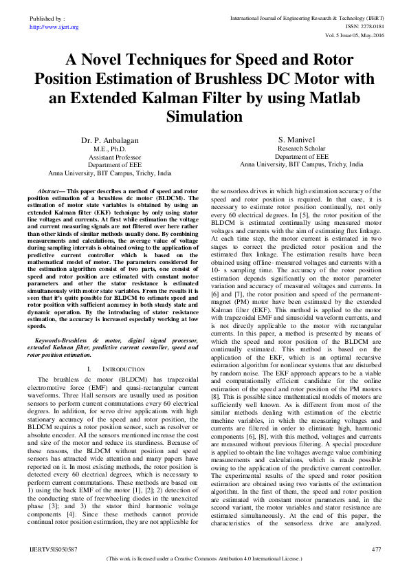(PDF) A Novel Techniques for Speed and Rotor Position Estimation of Brushless DC Motor with an ...