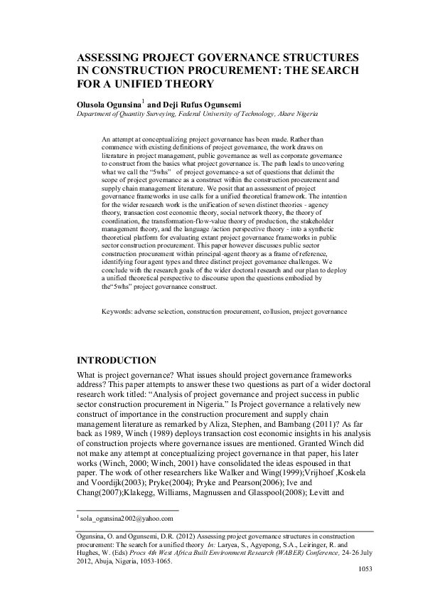 (PDF) ASSESSING PROJECT GOVERNANCE STRUCTURES IN CONSTRUCTION ...