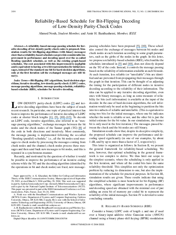 (PDF) Reliability-based schedule for bit-flipping decoding of low-density Parity-check codes