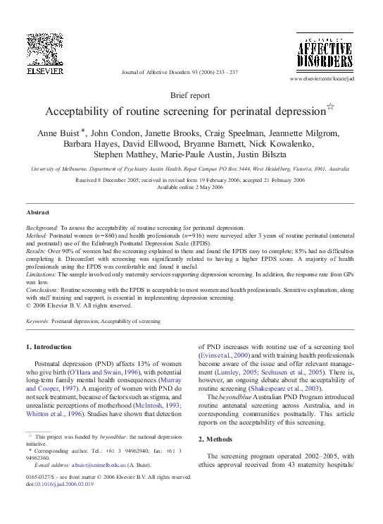 (PDF) Acceptability of routine screening for perinatal depression
