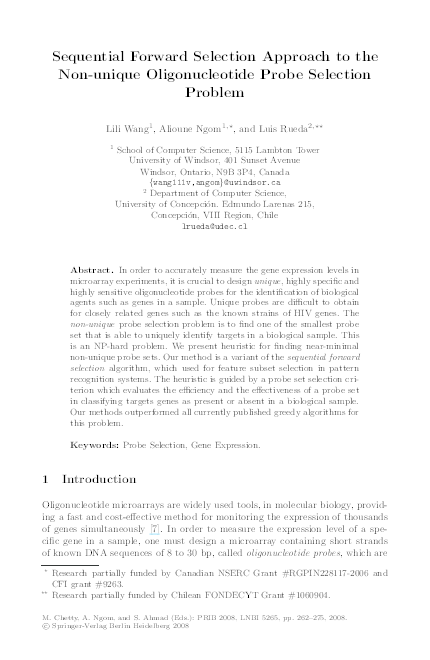 Pdf Sequential Forward Selection Approach To The Non Unique Oligonucleotide Probe Selection