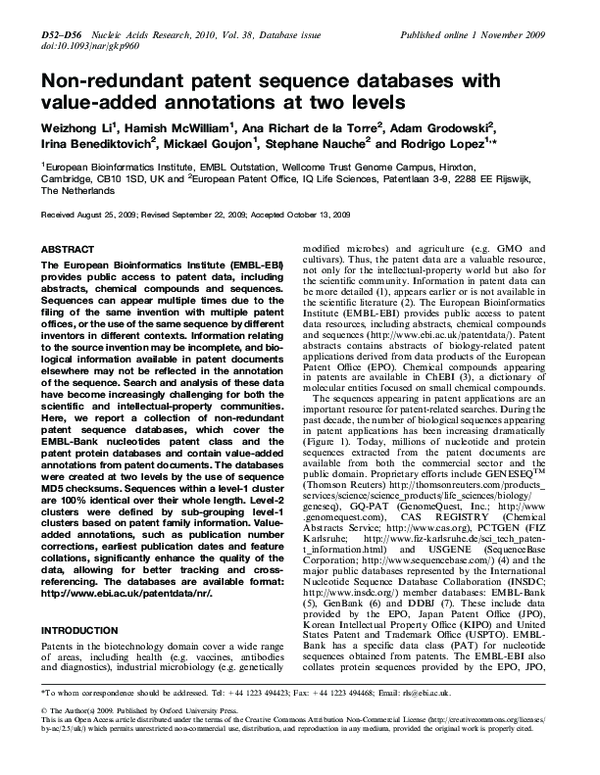 (PDF) Non-redundant patent sequence databases with value-added annotations at two levels