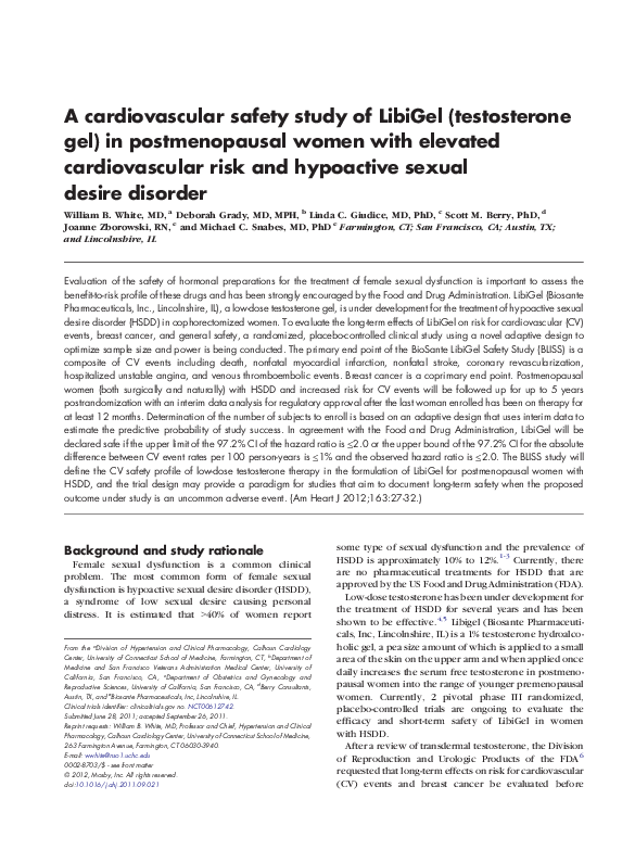 (PDF) A cardiovascular safety study of LibiGel (testosterone gel) in ...