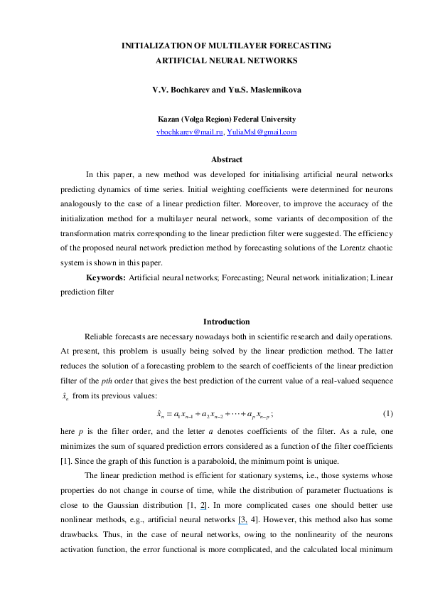 (PDF) Initialization of multilayer forecasting artifical neural networks