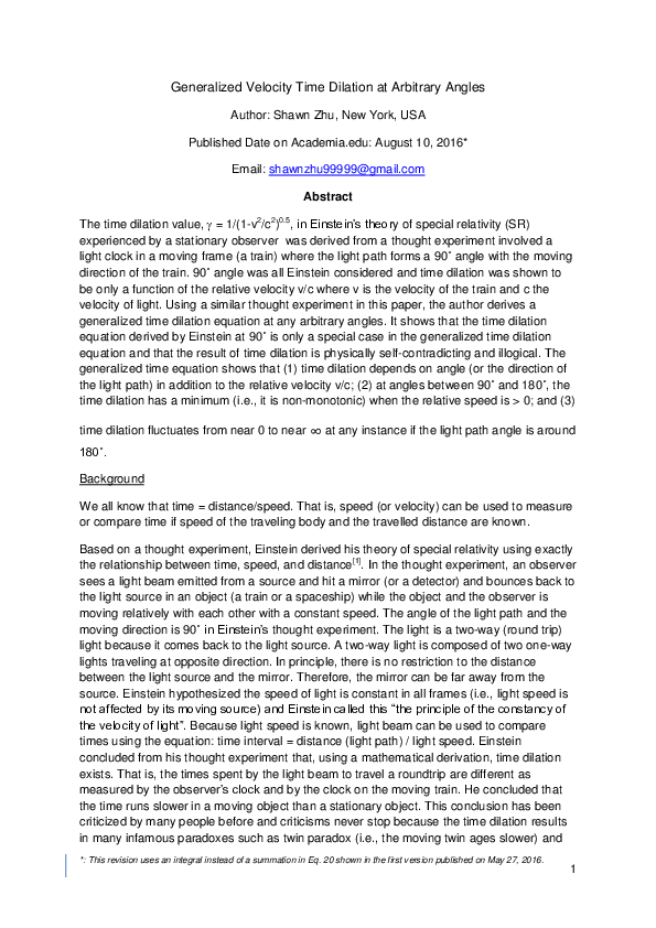 (PDF) Generalized Velocity Time Dilation at Arbitrary Angles | Shawn ...