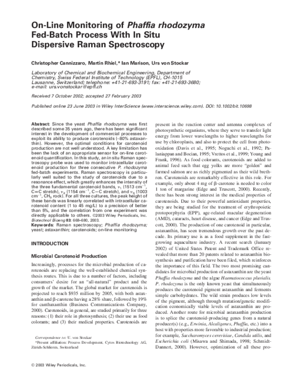 (PDF) On-line monitoring ofPhaffia rhodozyma fed-batch process with in situ dispersive raman ...
