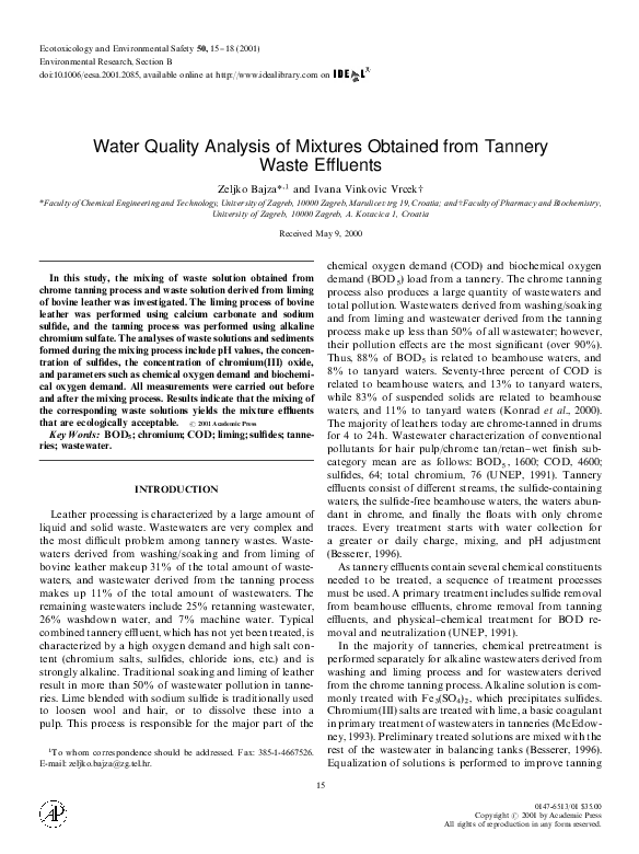 (PDF) Water Quality Analysis of Mixtures Obtained from Tannery Waste ...