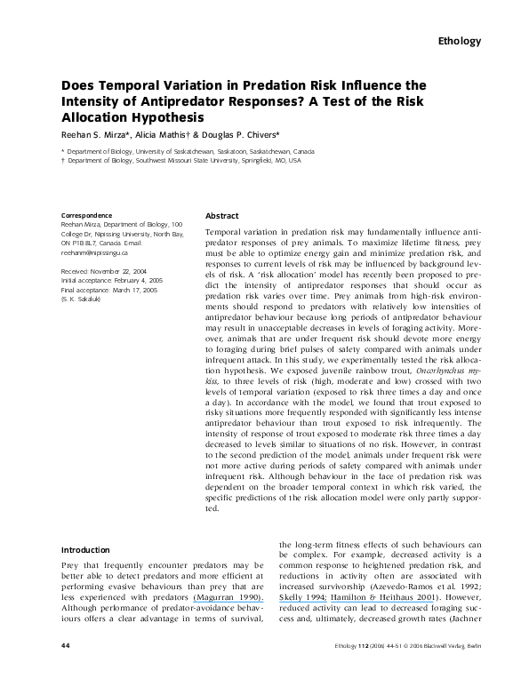 (PDF) Does Temporal Variation in Predation Risk Influence the Intensity of Antipredator ...