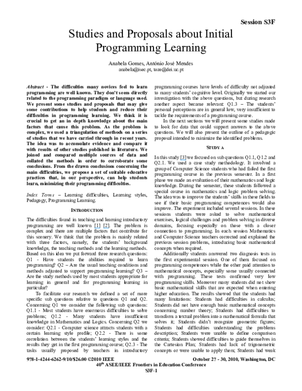 (PDF) Studies and proposals about initial programming learning